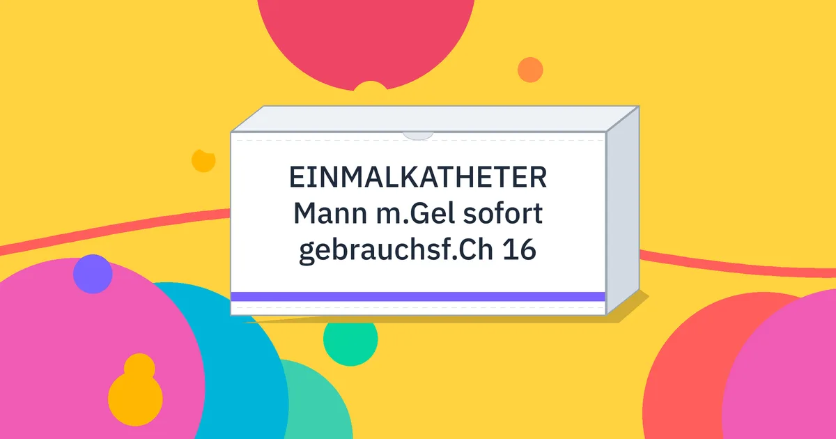 Symbolbild: Packung mit der Aufschrift EINMALKATHETER Mann m.Gel sofort gebrauchsf.Ch 16 (PZN 09943708) – Verfügbarkeit und Bezug in Apotheken in Frankfurt am Main