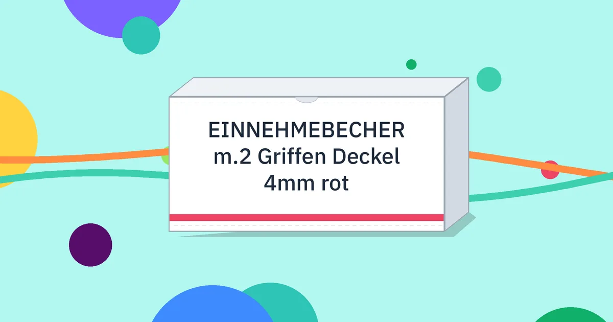 Symbolbild: Packung mit der Aufschrift EINNEHMEBECHER m.2 Griffen Deckel 4mm rot (PZN 10124097) – Verfügbarkeit und Bezug in Apotheken in Frankfurt am Main