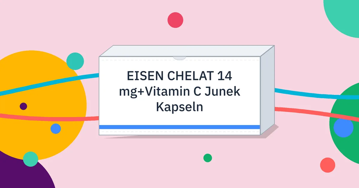 Symbolbild: Packung mit der Aufschrift EISEN CHELAT 14 mg+Vitamin C Junek Kapseln (PZN 10082275) – Verfügbarkeit und Bezug in Apotheken in Frankfurt am Main