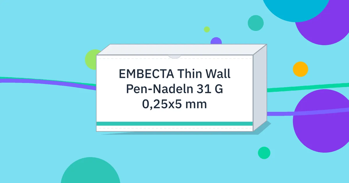 Symbolbild: Packung mit der Aufschrift EMBECTA Thin Wall Pen-Nadeln 31 G 0,25x5 mm (PZN 20636757) – Verfügbarkeit und Bezug in Apotheken in Frankfurt am Main