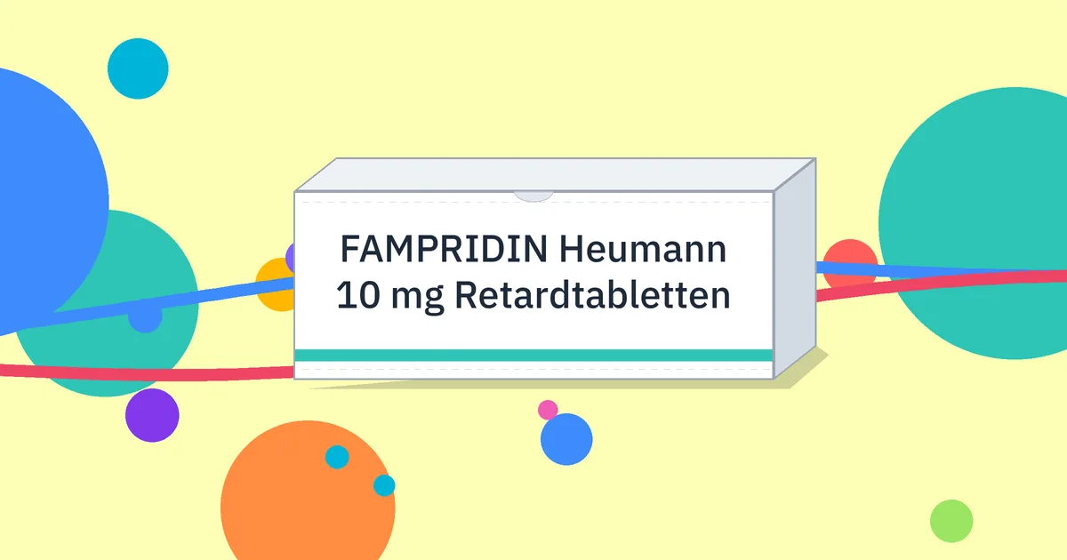Symbolbild: Packung mit der Aufschrift FAMPRIDIN Heumann 10 mg Retardtabletten (PZN 19400920) – Verfügbarkeit und Bezug in Apotheken in Frankfurt am Main