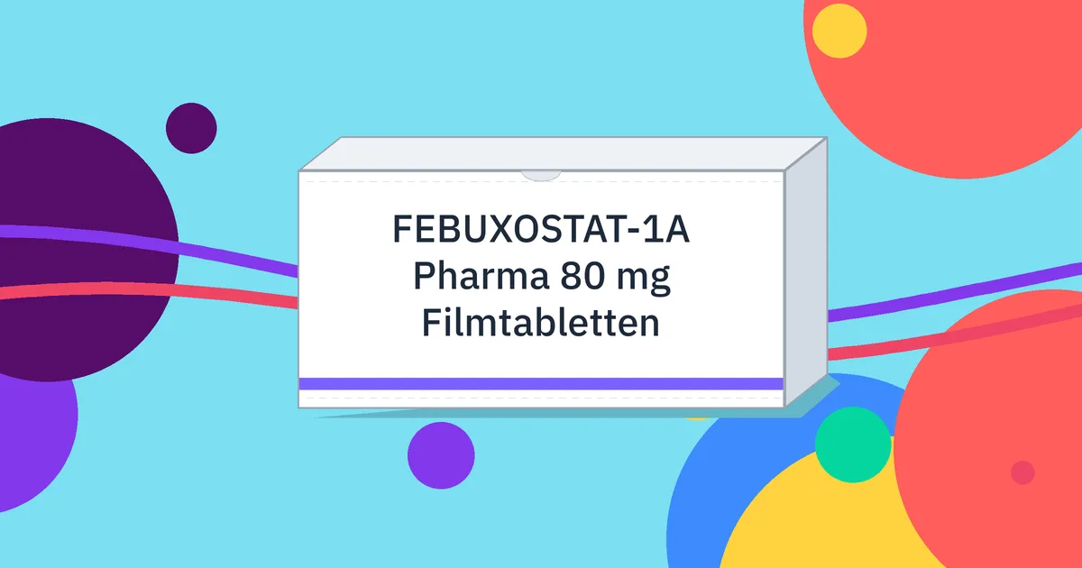 Symbolbild: Packung mit der Aufschrift FEBUXOSTAT-1A Pharma 80 mg Filmtabletten (PZN 14336985) – Verfügbarkeit und Bezug in Apotheken in Frankfurt am Main