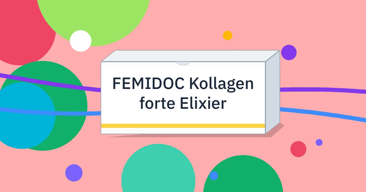 Symbolbild: Packung mit der Aufschrift FEMIDOC Kollagen forte Elixier (PZN 19975075) – Verfügbarkeit und Bezug in Apotheken in Frankfurt am Main