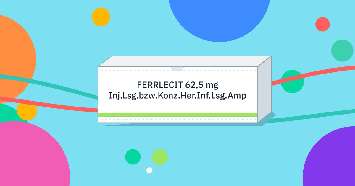 Symbolbild: Packung mit der Aufschrift FERRLECIT 62,5 mg Inj.Lsg.bzw.Konz.Her.Inf.Lsg.Amp (PZN 09155081) – Verfügbarkeit und Bezug in Apotheken in Frankfurt am Main