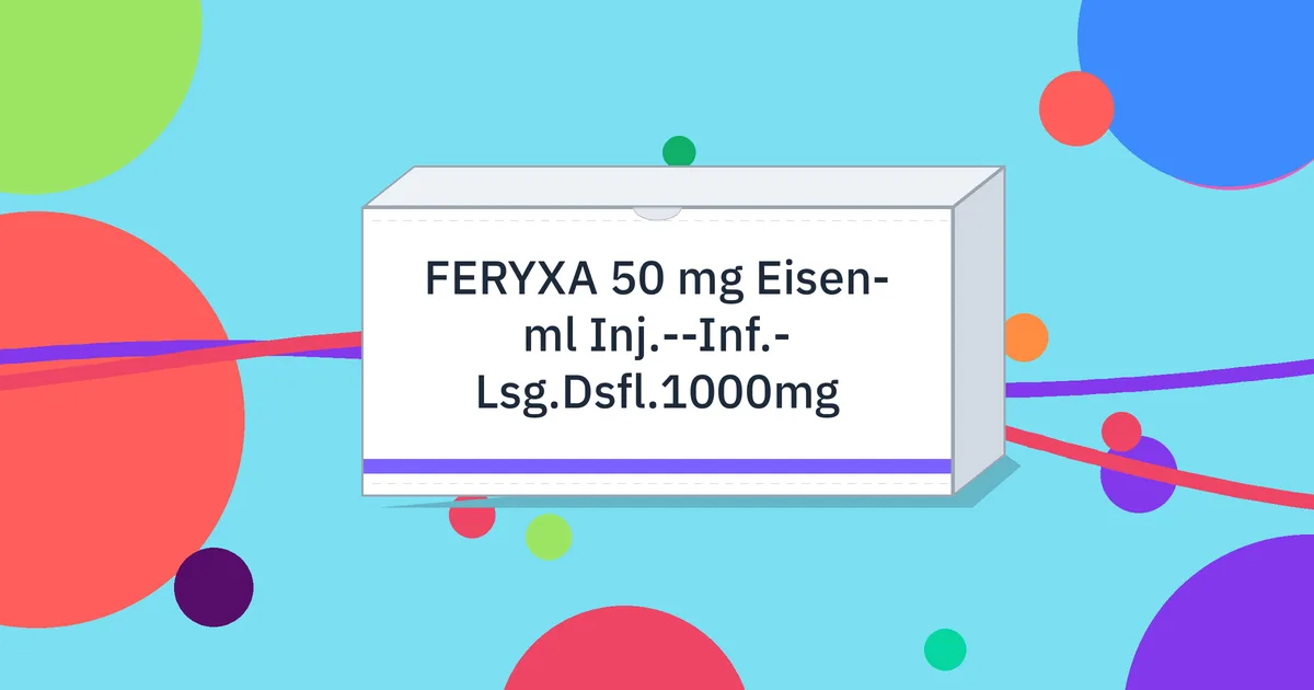 Symbolbild: Packung mit der Aufschrift FERYXA 50 mg Eisen-ml Inj.--Inf.-Lsg.Dsfl.1000mg (PZN 18151797) – Verfügbarkeit und Bezug in Apotheken in Frankfurt am Main