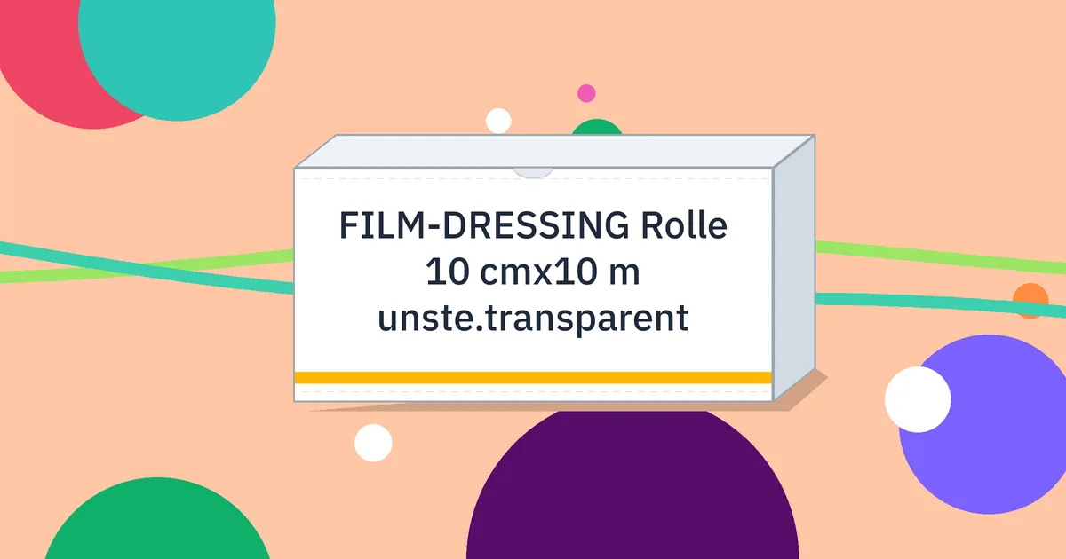 Symbolbild: Packung mit der Aufschrift FILM-DRESSING Rolle 10 cmx10 m unste.transparent (PZN 19508882) – Verfügbarkeit und Bezug in Apotheken in Frankfurt am Main