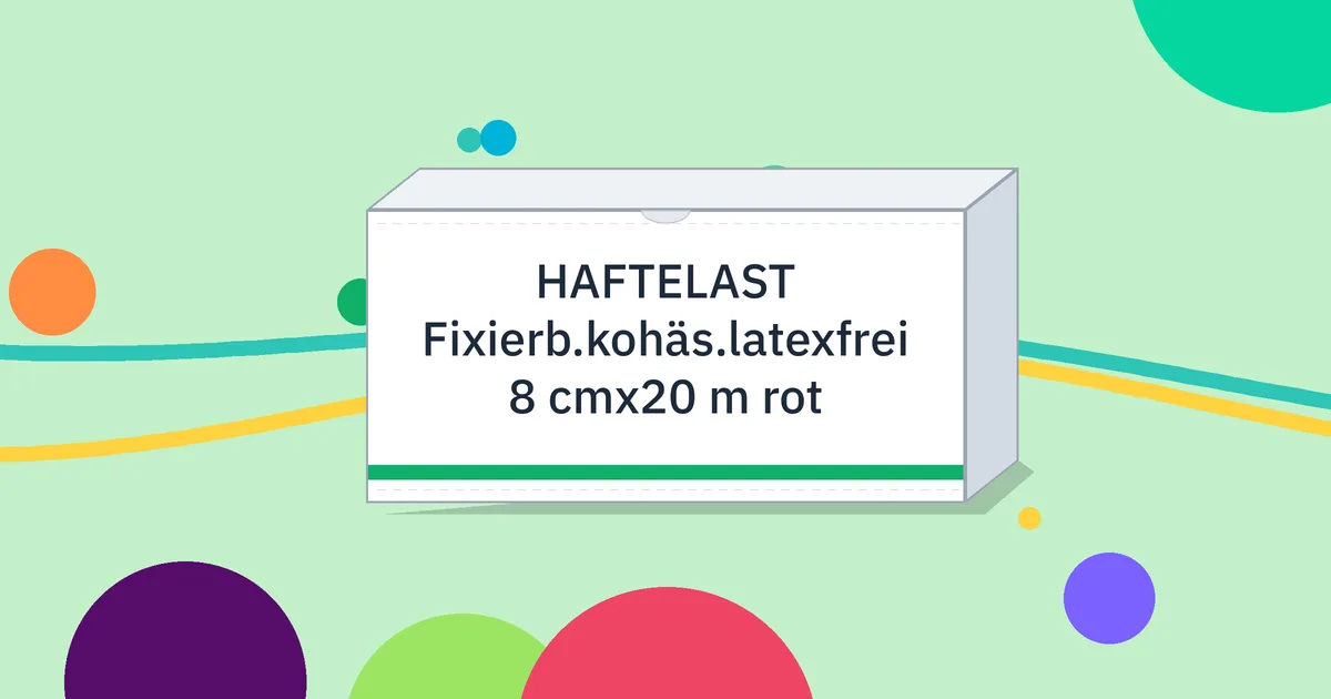 Symbolbild: Packung mit der Aufschrift HAFTELAST Fixierb.kohäs.latexfrei 8 cmx20 m rot (PZN 11382565) – Verfügbarkeit und Bezug in Apotheken in Frankfurt am Main