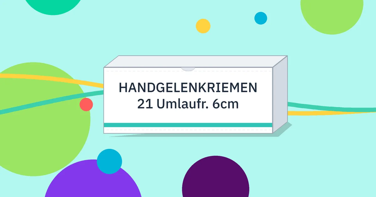 Symbolbild: Packung mit der Aufschrift HANDGELENKRIEMEN 21 Umlaufr. 6cm (PZN 01962706) – Verfügbarkeit und Bezug in Apotheken in Frankfurt am Main
