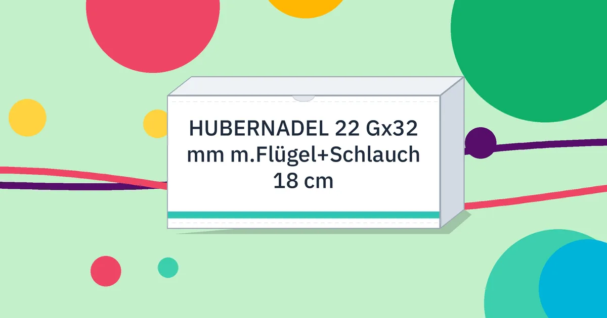 Symbolbild: Packung mit der Aufschrift HUBERNADEL 22 Gx32 mm m.Flügel+Schlauch 18 cm (PZN 02350299) – Verfügbarkeit und Bezug in Apotheken in Frankfurt am Main