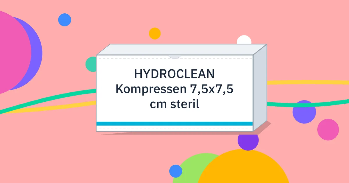 Symbolbild: Packung mit der Aufschrift HYDROCLEAN Kompressen 7,5x7,5 cm steril (PZN 18124926) – Verfügbarkeit und Bezug in Apotheken in Frankfurt am Main