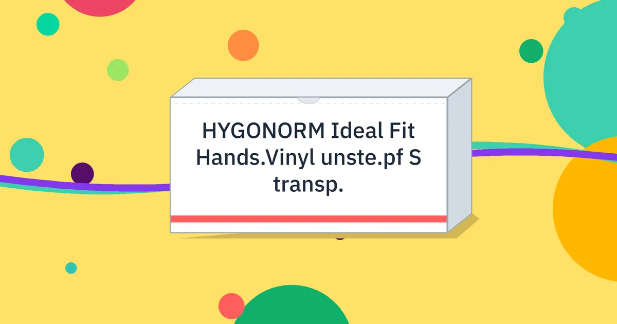Symbolbild: Packung mit der Aufschrift HYGONORM Ideal Fit Hands.Vinyl unste.pf S transp. (PZN 20774347) – Verfügbarkeit und Bezug in Apotheken in Frankfurt am Main
