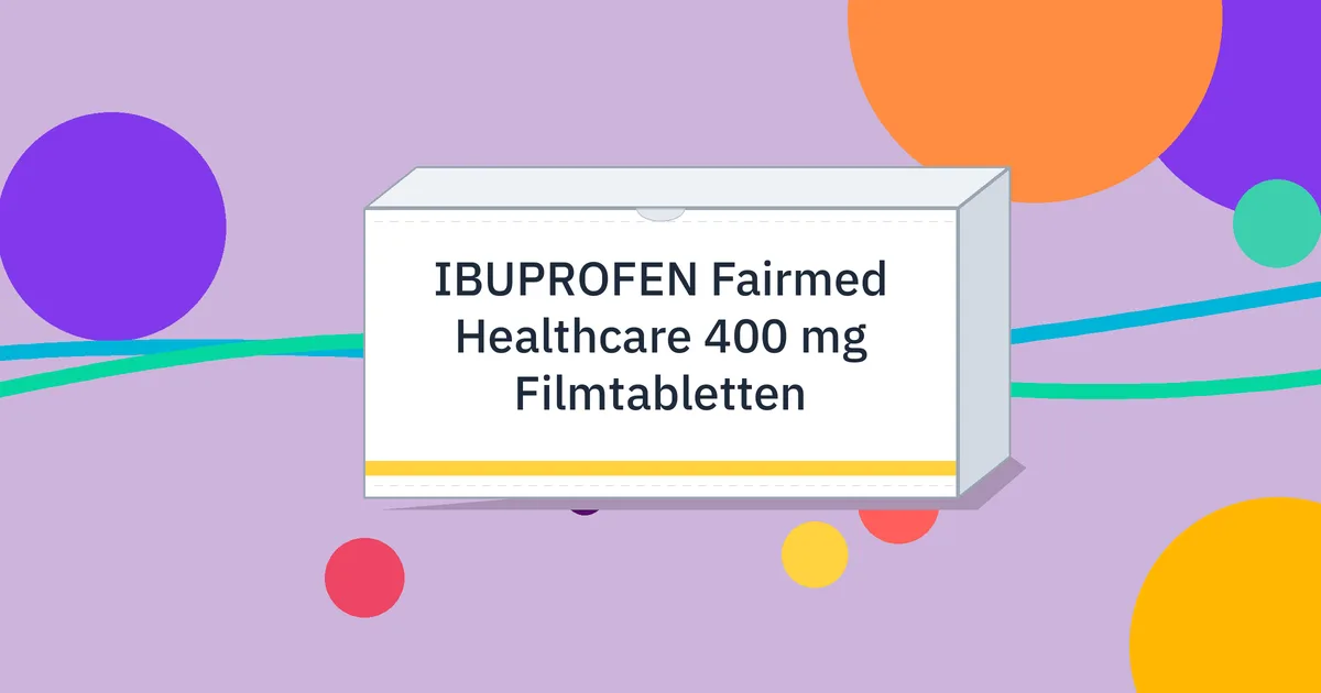 Symbolbild: Packung mit der Aufschrift IBUPROFEN Fairmed Healthcare 400 mg Filmtabletten (PZN 16762746) – Verfügbarkeit und Bezug in Apotheken in Frankfurt am Main