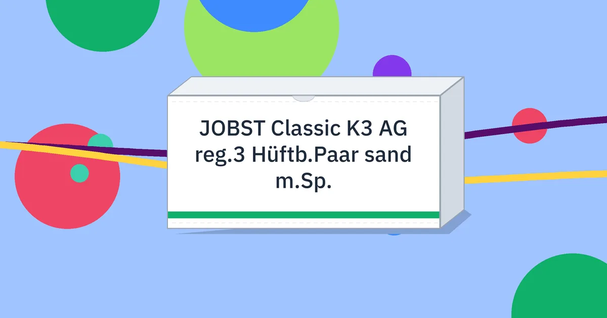 Symbolbild: Packung mit der Aufschrift JOBST Classic K3 AG reg.3 Hüftb.Paar sand m.Sp. (PZN 13075838) – Verfügbarkeit und Bezug in Apotheken in Frankfurt am Main