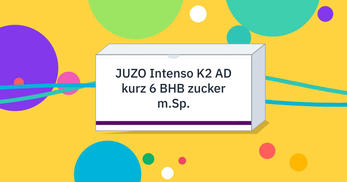 Symbolbild: Packung mit der Aufschrift JUZO Intenso K2 AD kurz 6 BHB zucker m.Sp. (PZN 18614292) – Verfügbarkeit und Bezug in Apotheken in Frankfurt am Main