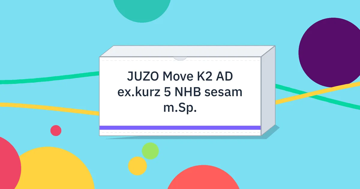 Symbolbild: Packung mit der Aufschrift JUZO Move K2 AD ex.kurz 5 NHB sesam m.Sp. (PZN 18510144) – Verfügbarkeit und Bezug in Apotheken in Frankfurt am Main