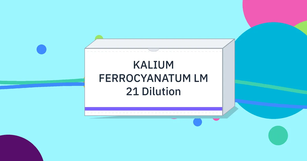 Symbolbild: Packung mit der Aufschrift KALIUM FERROCYANATUM LM 21 Dilution (PZN 12921136) – Verfügbarkeit und Bezug in Apotheken in Frankfurt am Main