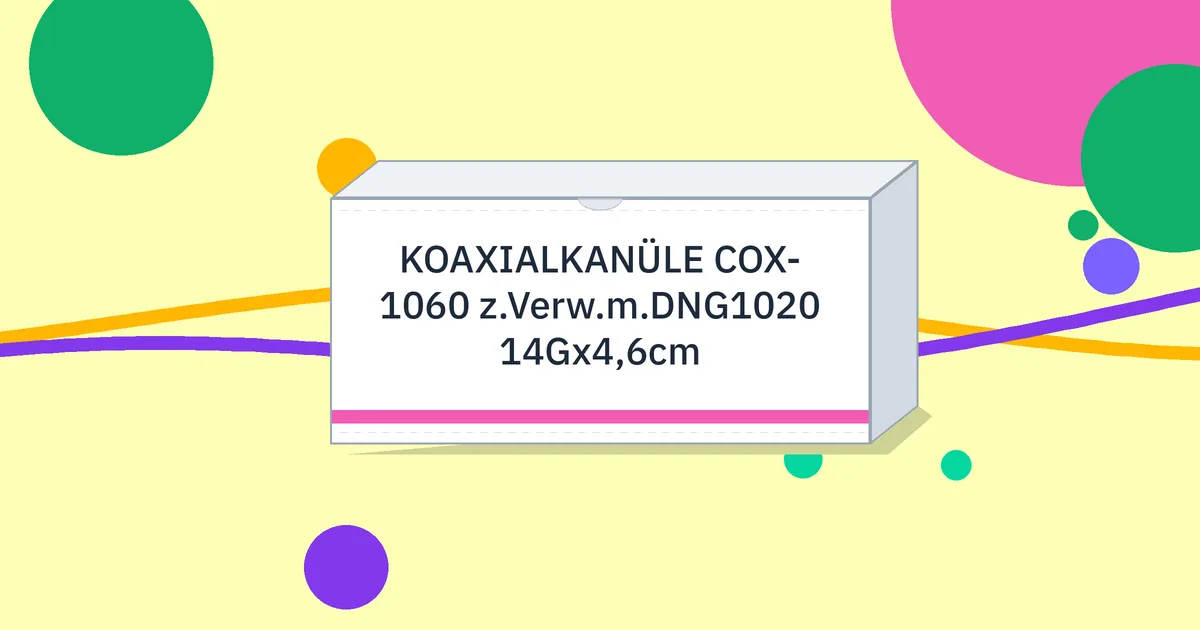 Symbolbild: Packung mit der Aufschrift KOAXIALKANÜLE COX-1060 z.Verw.m.DNG1020 14Gx4,6cm (PZN 00284279) – Verfügbarkeit und Bezug in Apotheken in Frankfurt am Main