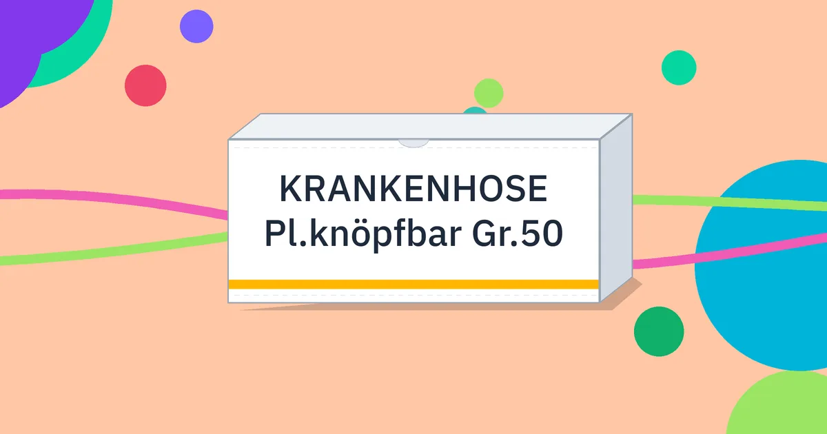 Symbolbild: Packung mit der Aufschrift KRANKENHOSE Pl.knöpfbar Gr.50 (PZN 01979569) – Verfügbarkeit und Bezug in Apotheken in Frankfurt am Main