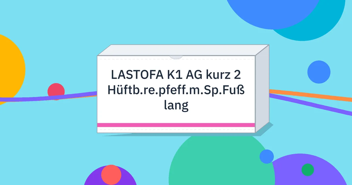 Symbolbild: Packung mit der Aufschrift LASTOFA K1 AG kurz 2 Hüftb.re.pfeff.m.Sp.Fuß lang (PZN 13797885) – Verfügbarkeit und Bezug in Apotheken in Frankfurt am Main