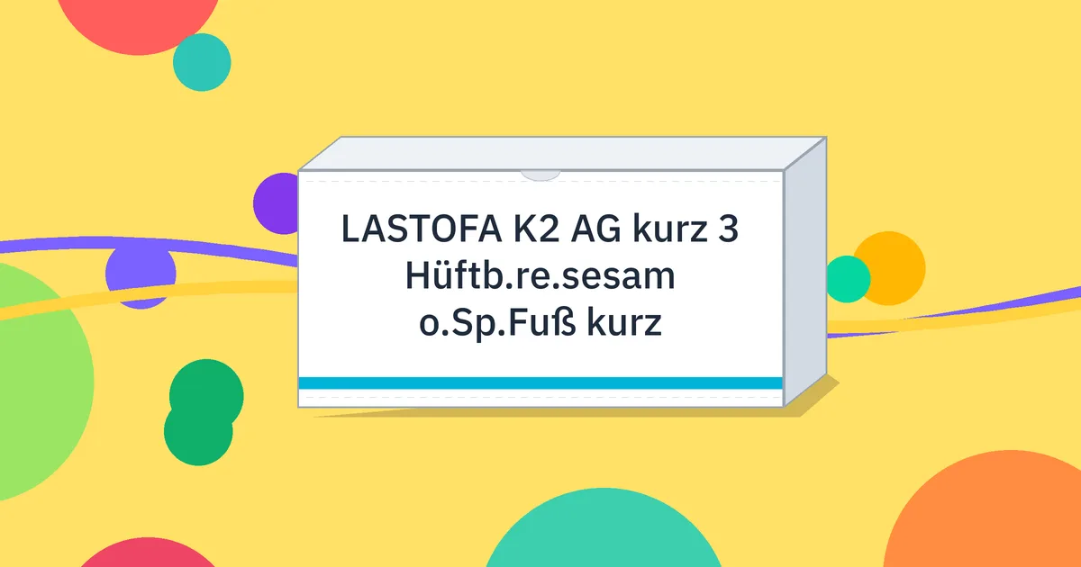 Symbolbild: Packung mit der Aufschrift LASTOFA K2 AG kurz 3 Hüftb.re.sesam o.Sp.Fuß kurz (PZN 13811361) – Verfügbarkeit und Bezug in Apotheken in Frankfurt am Main