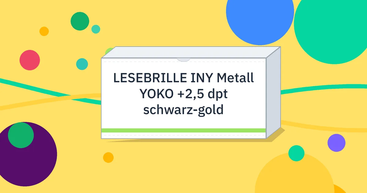 Symbolbild: Packung mit der Aufschrift LESEBRILLE INY Metall YOKO +2,5 dpt schwarz-gold (PZN 19928118) – Verfügbarkeit und Bezug in Apotheken in Frankfurt am Main