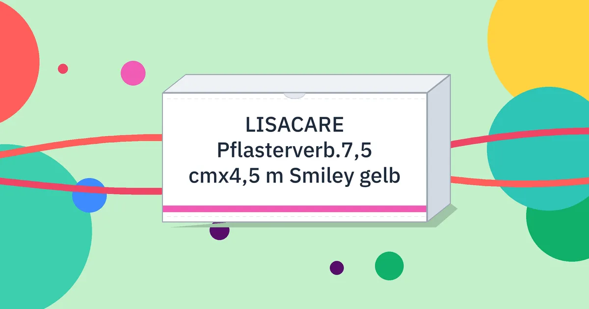 Symbolbild: Packung mit der Aufschrift LISACARE Pflasterverb.7,5 cmx4,5 m Smiley gelb (PZN 17892741) – Verfügbarkeit und Bezug in Apotheken in Frankfurt am Main
