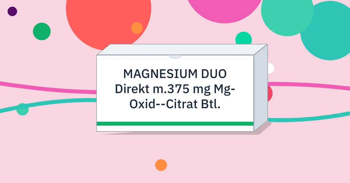 Symbolbild: Packung mit der Aufschrift MAGNESIUM DUO Direkt m.375 mg Mg-Oxid--Citrat Btl. (PZN 16582926) – Verfügbarkeit und Bezug in Apotheken in Frankfurt am Main