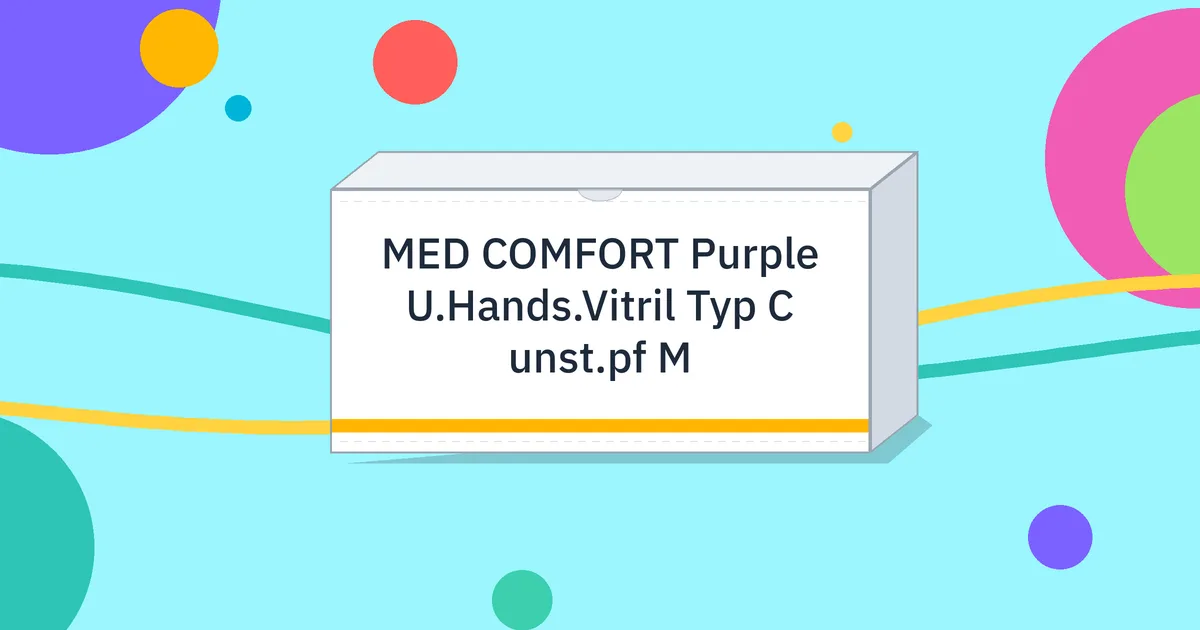 Symbolbild: Packung mit der Aufschrift MED COMFORT Purple U.Hands.Vitril Typ C unst.pf M (PZN 17378582) – Verfügbarkeit und Bezug in Apotheken in Frankfurt am Main