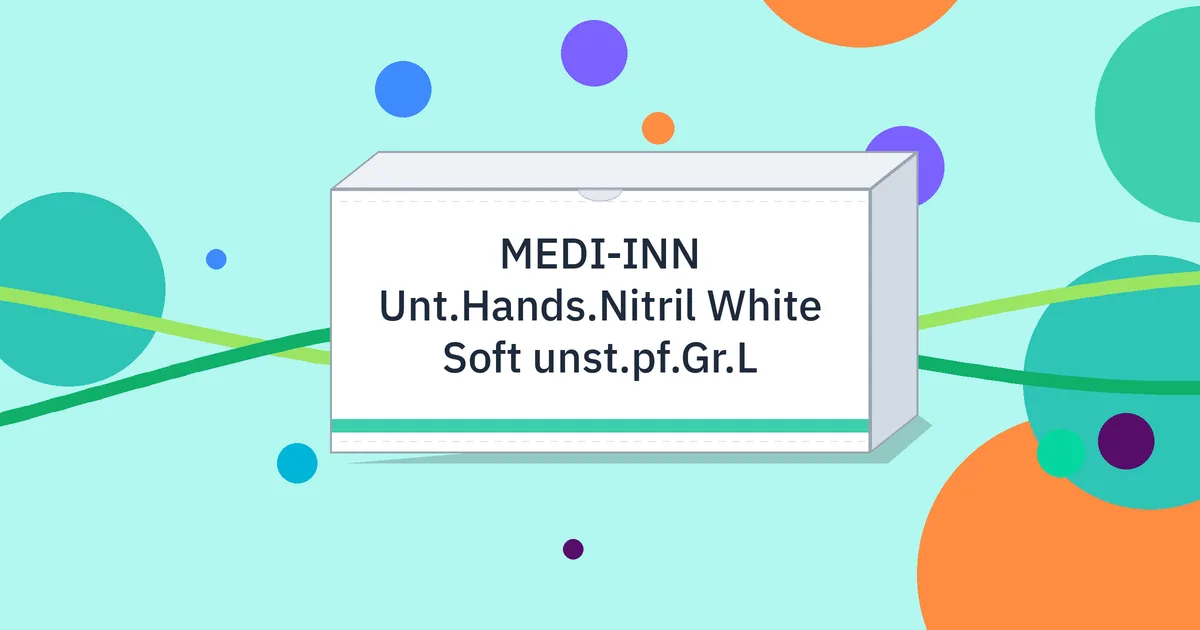 Symbolbild: Packung mit der Aufschrift MEDI-INN Unt.Hands.Nitril White Soft unst.pf.Gr.L (PZN 10183444) – Verfügbarkeit und Bezug in Apotheken in Frankfurt am Main