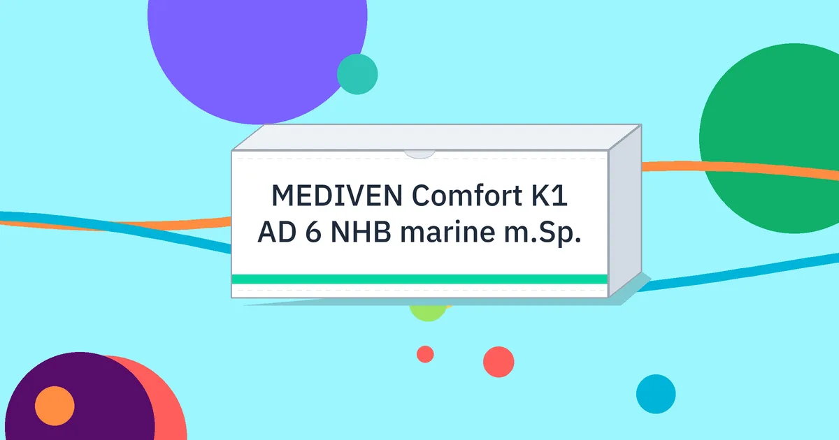 Symbolbild: Packung mit der Aufschrift MEDIVEN Comfort K1 AD 6 NHB marine m.Sp. (PZN 14561015) – Verfügbarkeit und Bezug in Apotheken in Frankfurt am Main