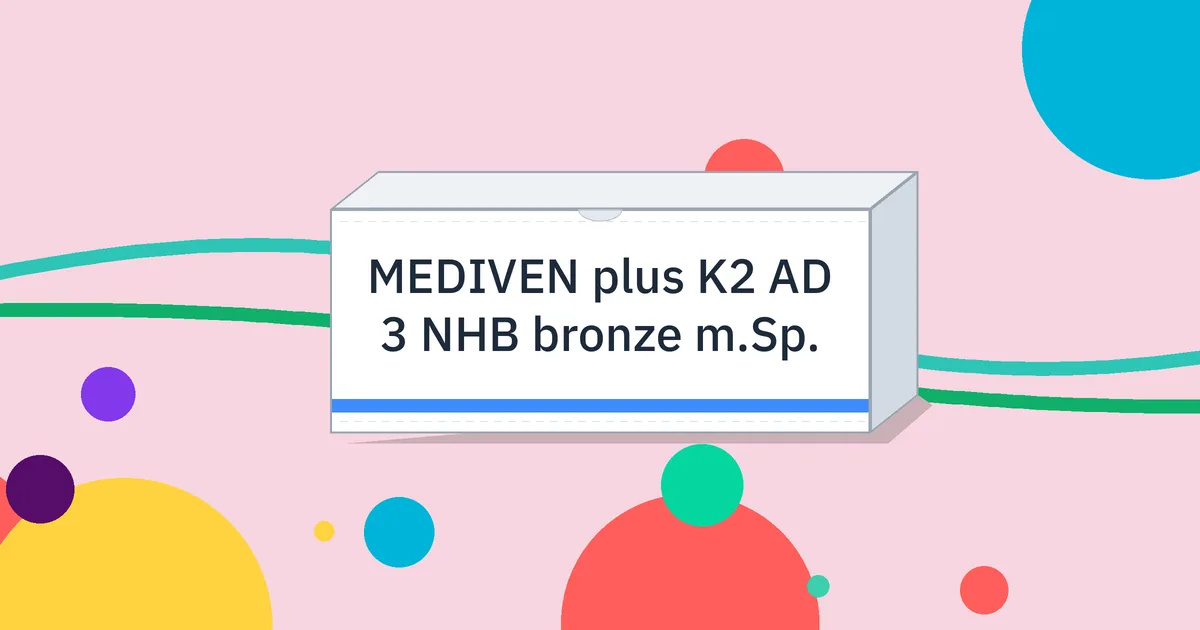 Symbolbild: Packung mit der Aufschrift MEDIVEN plus K2 AD 3 NHB bronze m.Sp. (PZN 15936983) – Verfügbarkeit und Bezug in Apotheken in Frankfurt am Main