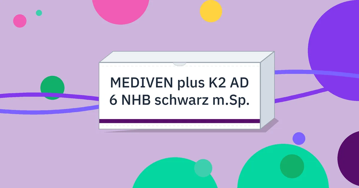 Symbolbild: Packung mit der Aufschrift MEDIVEN plus K2 AD 6 NHB schwarz m.Sp. (PZN 15937764) – Verfügbarkeit und Bezug in Apotheken in Frankfurt am Main