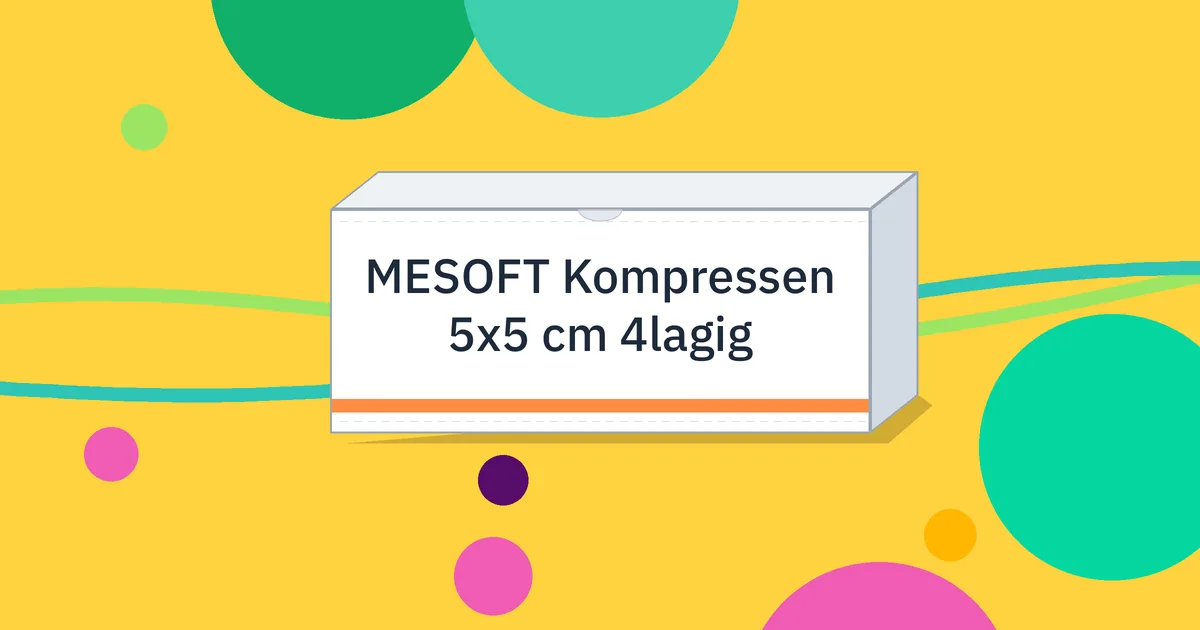 Symbolbild: Packung mit der Aufschrift MESOFT Kompressen 5x5 cm 4lagig (PZN 10809435) – Verfügbarkeit und Bezug in Apotheken in Frankfurt am Main