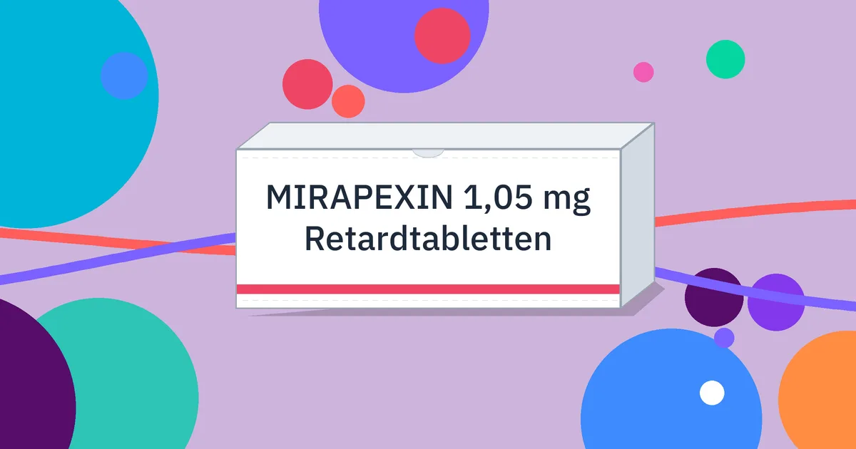 Symbolbild: Packung mit der Aufschrift MIRAPEXIN 1,05 mg Retardtabletten (PZN 06140765) – Verfügbarkeit und Bezug in Apotheken in Frankfurt am Main