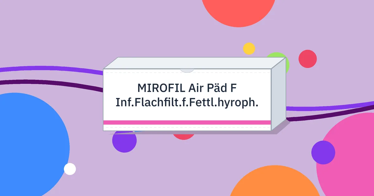 Symbolbild: Packung mit der Aufschrift MIROFIL Air Päd F Inf.Flachfilt.f.Fettl.hyroph. (PZN 00969907) – Verfügbarkeit und Bezug in Apotheken in Frankfurt am Main