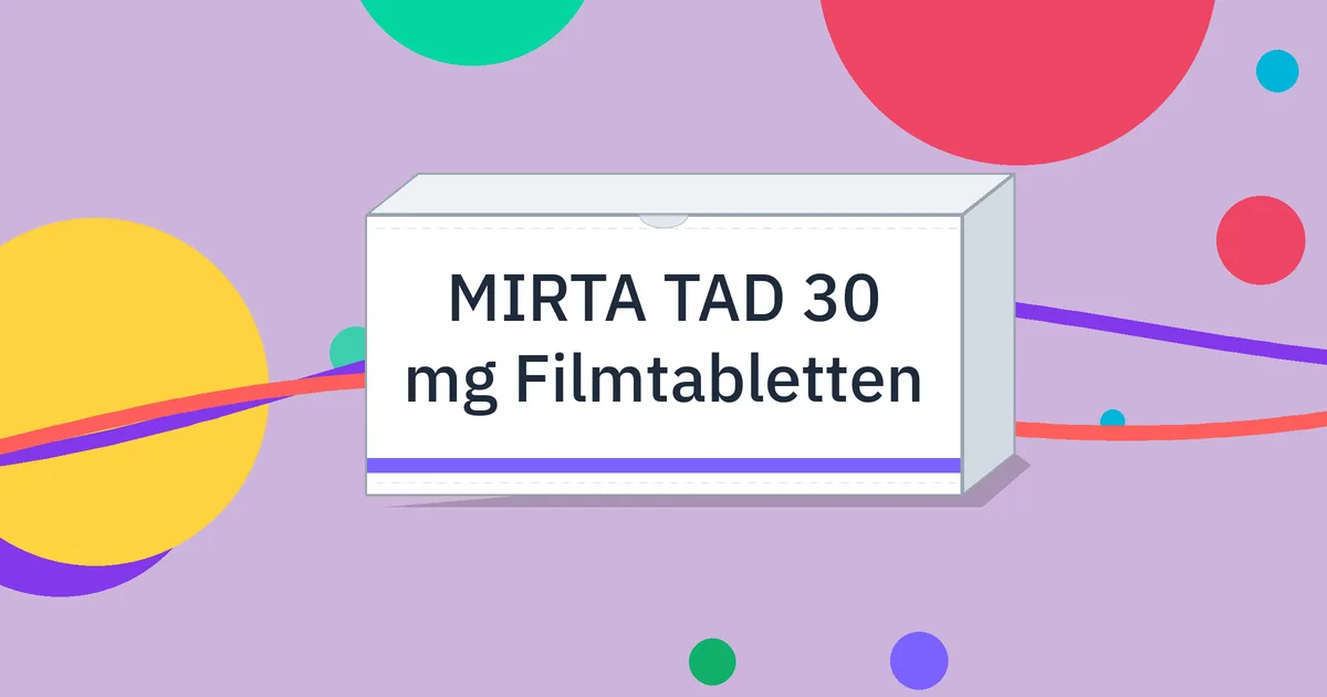 Symbolbild: Packung mit der Aufschrift MIRTA TAD 30 mg Filmtabletten (PZN 18192916) – Verfügbarkeit und Bezug in Apotheken in Frankfurt am Main
