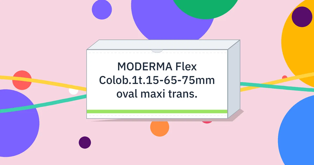 Symbolbild: Packung mit der Aufschrift MODERMA Flex Colob.1t.15-65-75mm oval maxi trans. (PZN 07117314) – Verfügbarkeit und Bezug in Apotheken in Frankfurt am Main