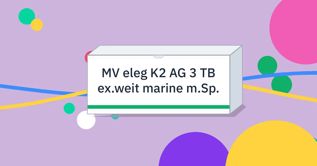 Symbolbild: Packung mit der Aufschrift MV eleg K2 AG 3 TB ex.weit marine m.Sp. (PZN 14612089) – Verfügbarkeit und Bezug in Apotheken in Frankfurt am Main