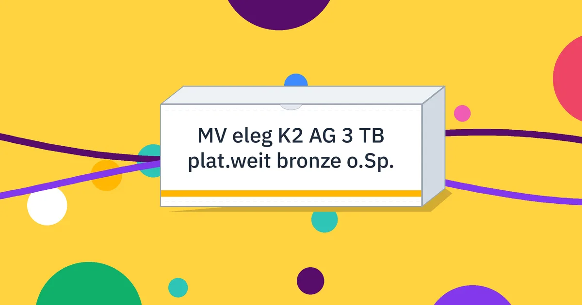Symbolbild: Packung mit der Aufschrift MV eleg K2 AG 3 TB plat.weit bronze o.Sp. (PZN 14718238) – Verfügbarkeit und Bezug in Apotheken in Frankfurt am Main