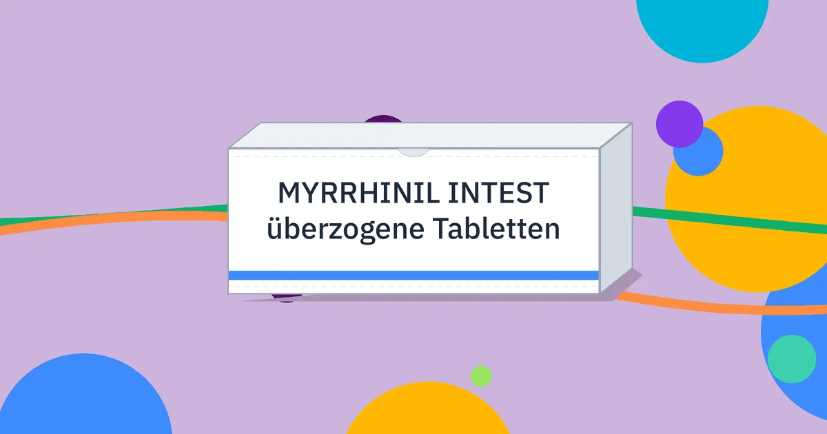 Symbolbild: Packung mit der Aufschrift MYRRHINIL INTEST überzogene Tabletten (PZN 06612810) – Verfügbarkeit und Bezug in Apotheken in Frankfurt am Main