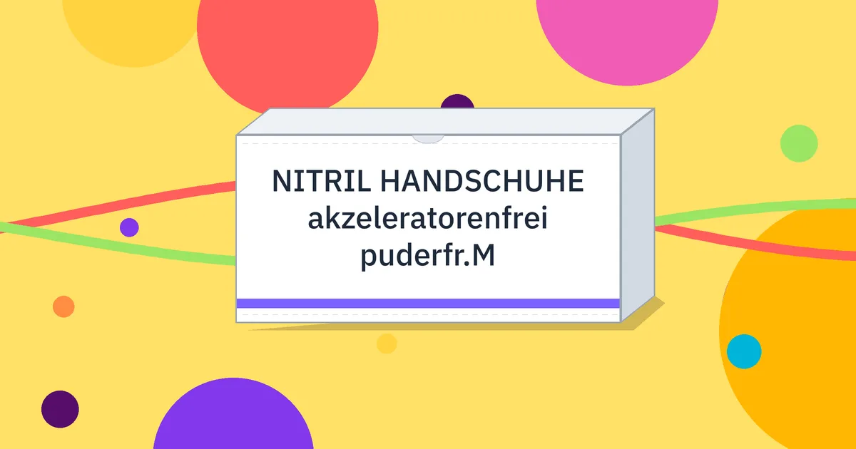 Symbolbild: Packung mit der Aufschrift NITRIL HANDSCHUHE akzeleratorenfrei puderfr.M (PZN 01693749) – Verfügbarkeit und Bezug in Apotheken in Frankfurt am Main