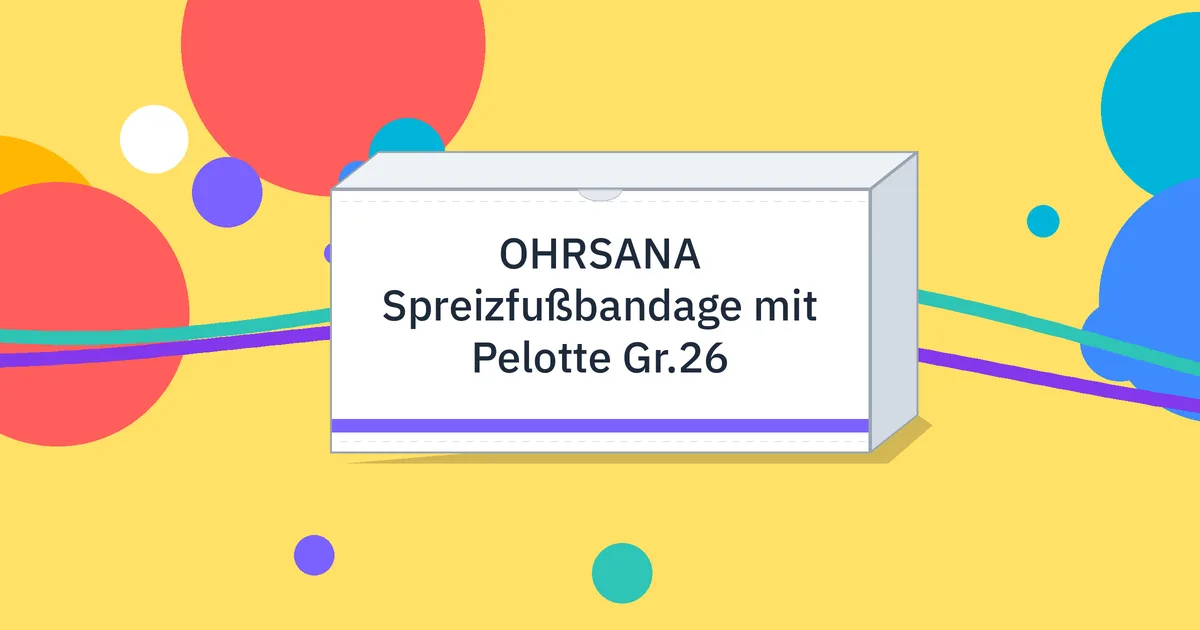 Symbolbild: Packung mit der Aufschrift OHRSANA Spreizfußbandage mit Pelotte Gr.26 (PZN 02670288) – Verfügbarkeit und Bezug in Apotheken in Frankfurt am Main