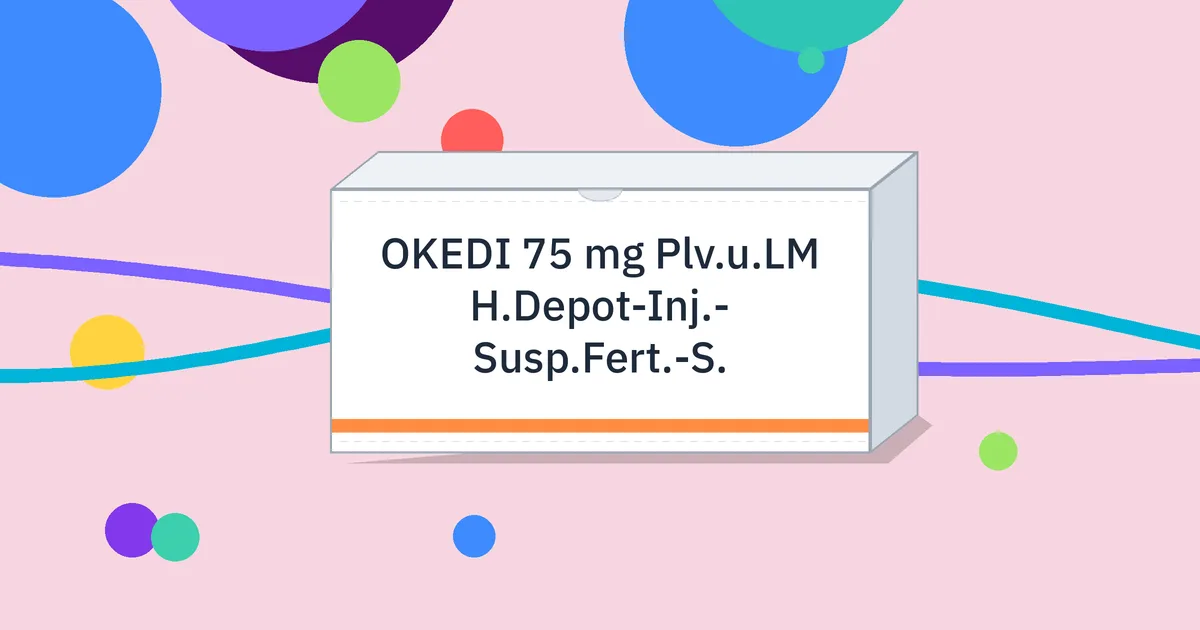 Symbolbild: Packung mit der Aufschrift OKEDI 75 mg Plv.u.LM H.Depot-Inj.-Susp.Fert.-S. (PZN 19892113) – Verfügbarkeit und Bezug in Apotheken in Frankfurt am Main