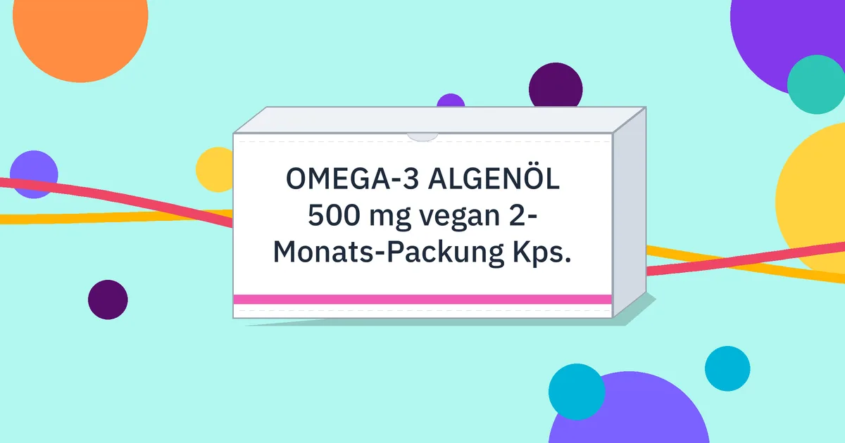 Symbolbild: Packung mit der Aufschrift OMEGA-3 ALGENÖL 500 mg vegan 2-Monats-Packung Kps. (PZN 15615109) – Verfügbarkeit und Bezug in Apotheken in Frankfurt am Main