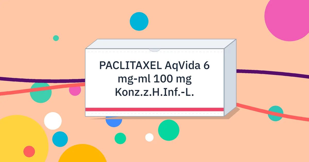 Symbolbild: Packung mit der Aufschrift PACLITAXEL AqVida 6 mg-ml 100 mg Konz.z.H.Inf.-L. (PZN 14279767) – Verfügbarkeit und Bezug in Apotheken in Frankfurt am Main