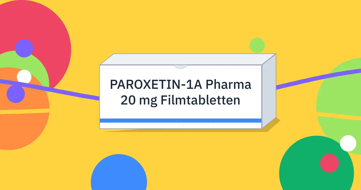 Symbolbild: Packung mit der Aufschrift PAROXETIN-1A Pharma 20 mg Filmtabletten (PZN 01970350) – Verfügbarkeit und Bezug in Apotheken in Frankfurt am Main