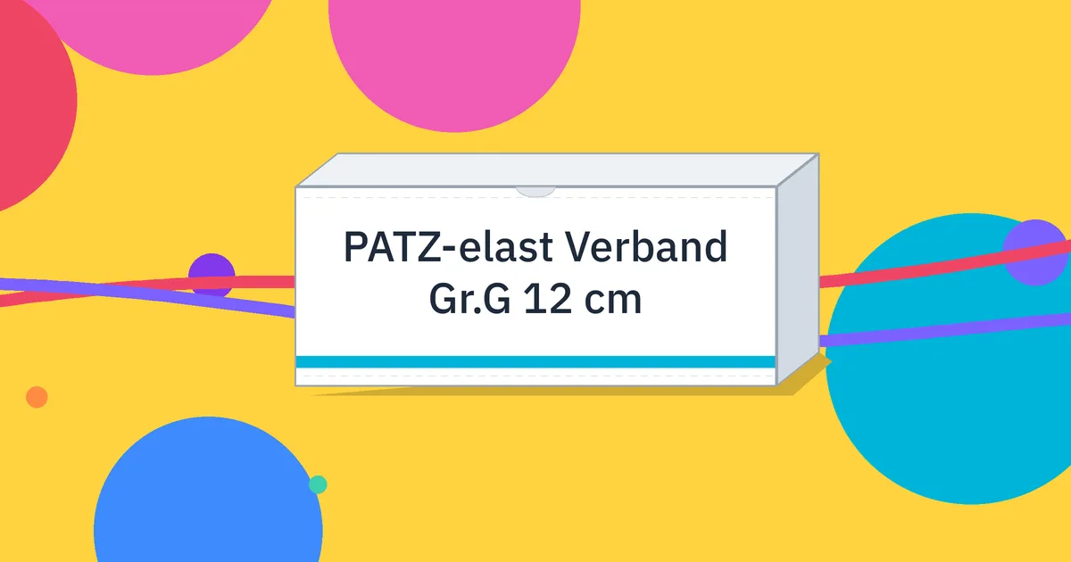 Symbolbild: Packung mit der Aufschrift PATZ-elast Verband Gr.G 12 cm (PZN 06815246) – Verfügbarkeit und Bezug in Apotheken in Frankfurt am Main