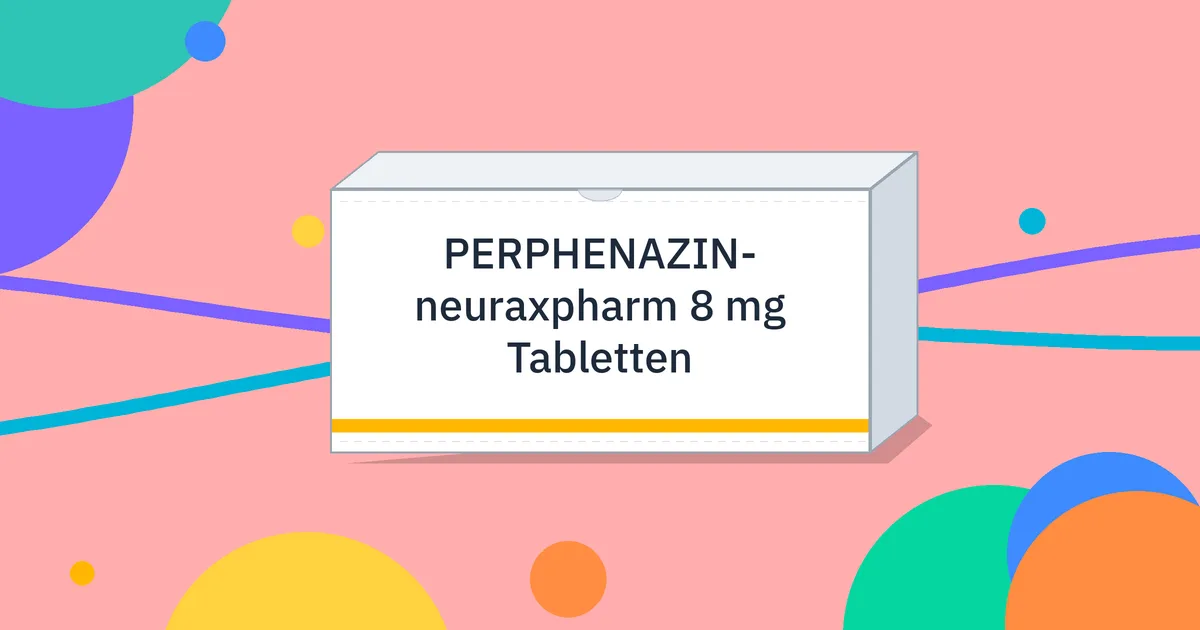 Symbolbild: Packung mit der Aufschrift PERPHENAZIN-neuraxpharm 8 mg Tabletten (PZN 02098724) – Verfügbarkeit und Bezug in Apotheken in Frankfurt am Main
