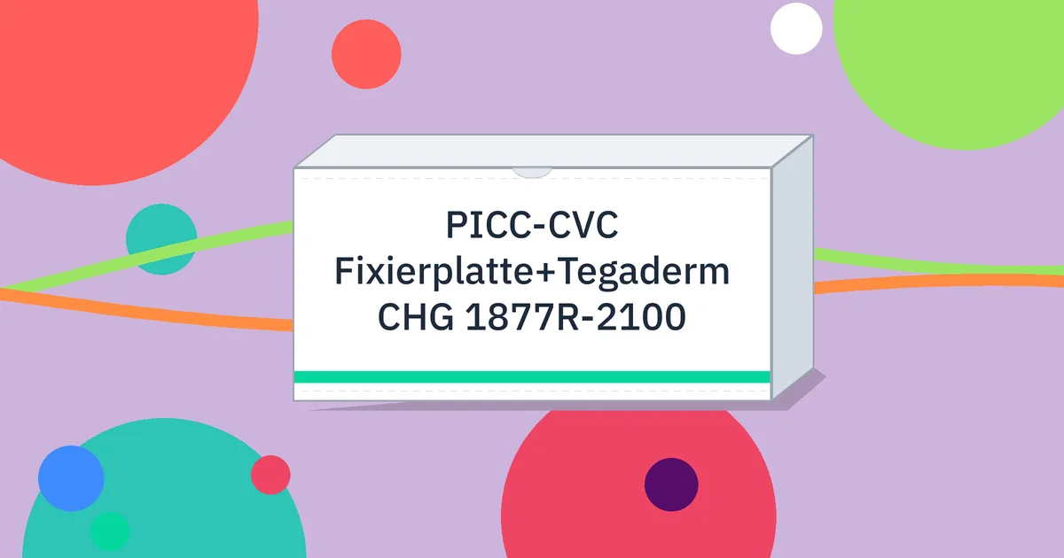 Symbolbild: Packung mit der Aufschrift PICC-CVC Fixierplatte+Tegaderm CHG 1877R-2100 (PZN 20129517) – Verfügbarkeit und Bezug in Apotheken in Frankfurt am Main