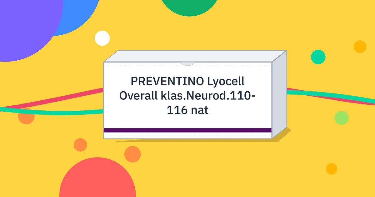 Symbolbild: Packung mit der Aufschrift PREVENTINO Lyocell Overall klas.Neurod.110-116 nat (PZN 16895631) – Verfügbarkeit und Bezug in Apotheken in Frankfurt am Main